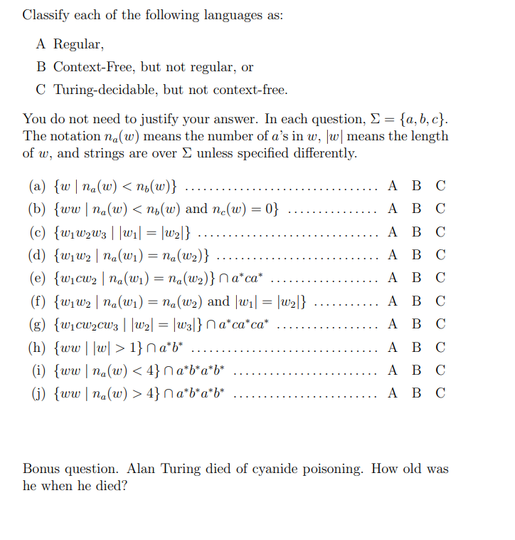 Solved Classify each of the following languages as: A | Chegg.com