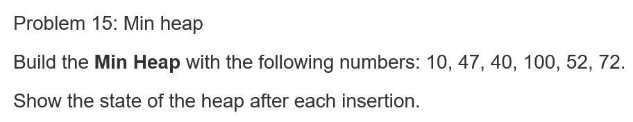 Solved Problem 15: Min heap Build the Min Heap with the | Chegg.com