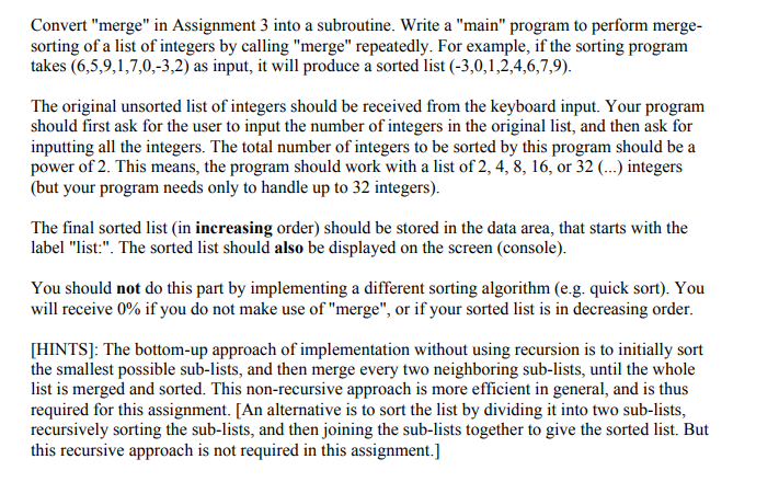 Solved Convert "merge" in Assignment 3 into a subroutine. | Chegg.com