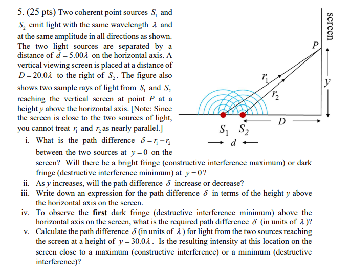 Solved 5.(25 pts) Two coherent point sources S, and screen | Chegg.com