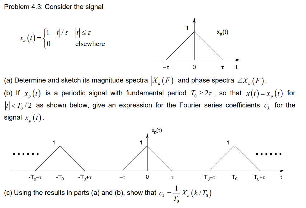 Solved Problem 4.3: Consider the signal xa(t)={1−∣t∣/τ0∣t∣≤τ | Chegg.com