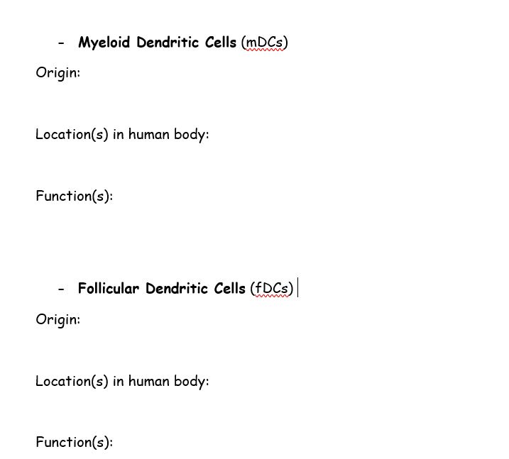 Solved Myeloid Dendritic cells (mDCs) Origin: Location(s) in | Chegg.com