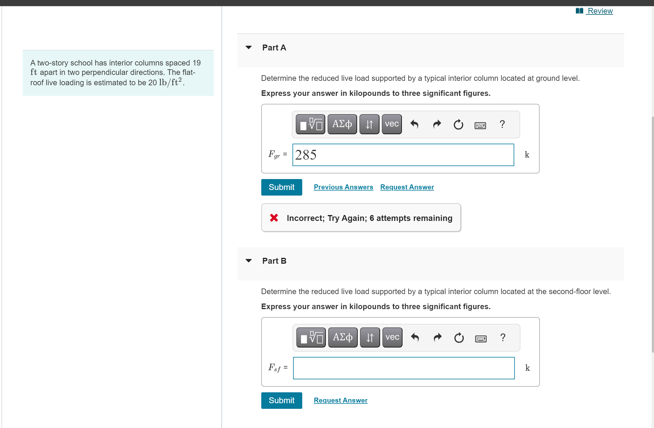 Solved A two-story school has interior columns spaced 19ft | Chegg.com