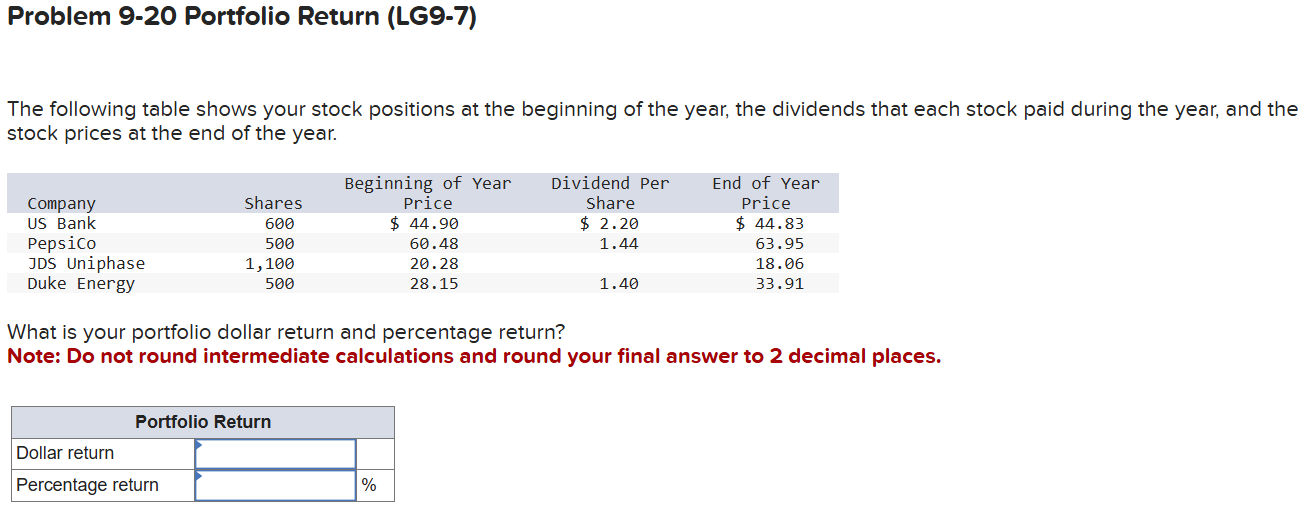 Solved Problem 9-20 ﻿Portfolio Return (LG9-7)The following | Chegg.com
