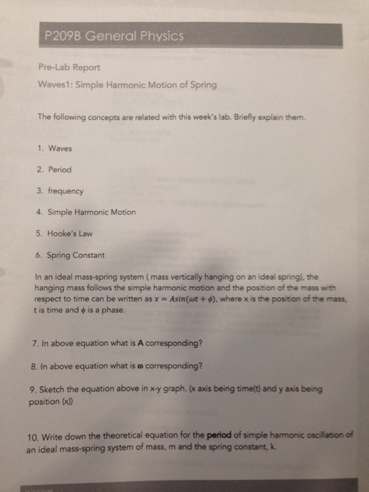 Solved P209B General Physics Pre-Lab Report Waves1: Simple | Chegg.com