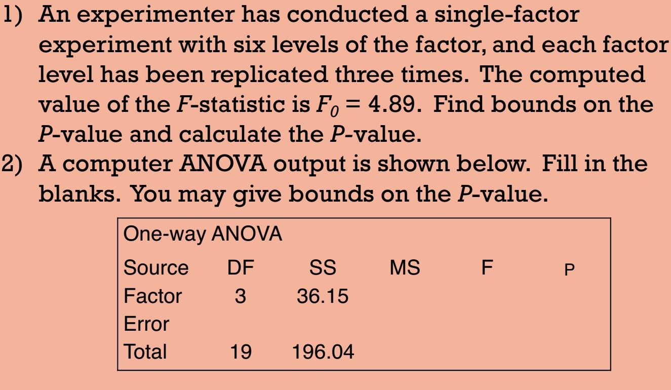 Solved - 1) An experimenter has conducted a single-factor | Chegg.com