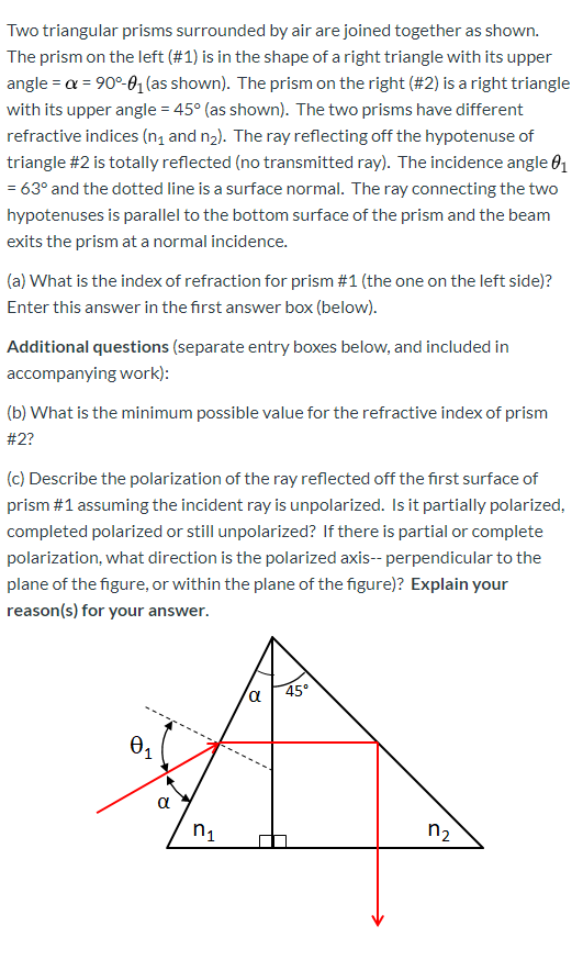 Solved Two triangular prisms surrounded by air are joined | Chegg.com