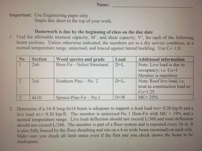 Name: Important: Use Engineering paper only Staple | Chegg.com