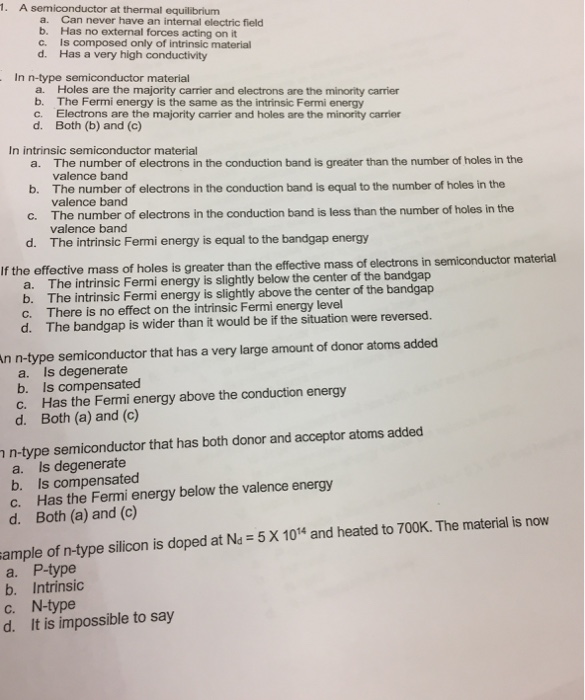 Solved . A semiconductor at thermal equilibrium a. b. c. d. | Chegg.com