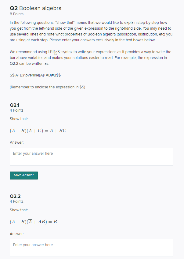 Solved Q2 Boolean algebra 8 Points In the following | Chegg.com