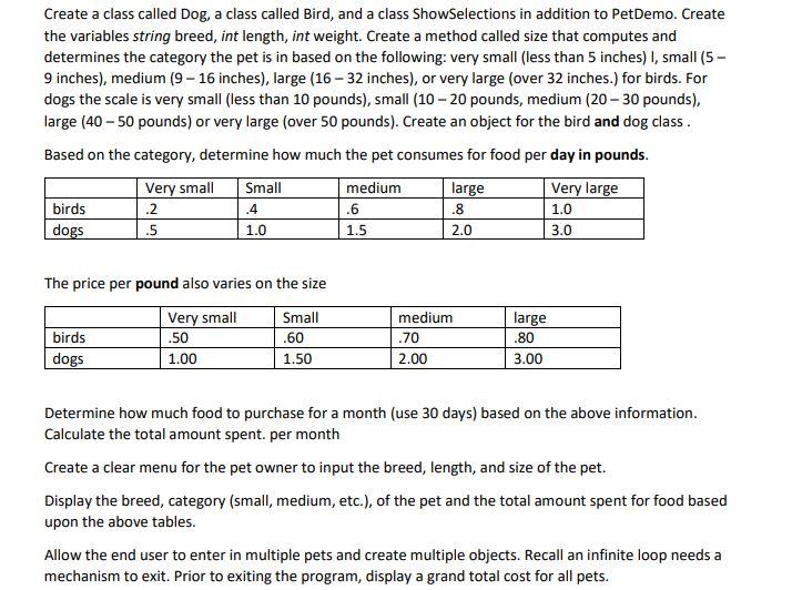 Solved Create a class called Dog, a class called Bird, and a | Chegg.com