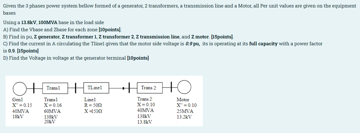 Solved Given the 3 phases power system bellow formed of a | Chegg.com