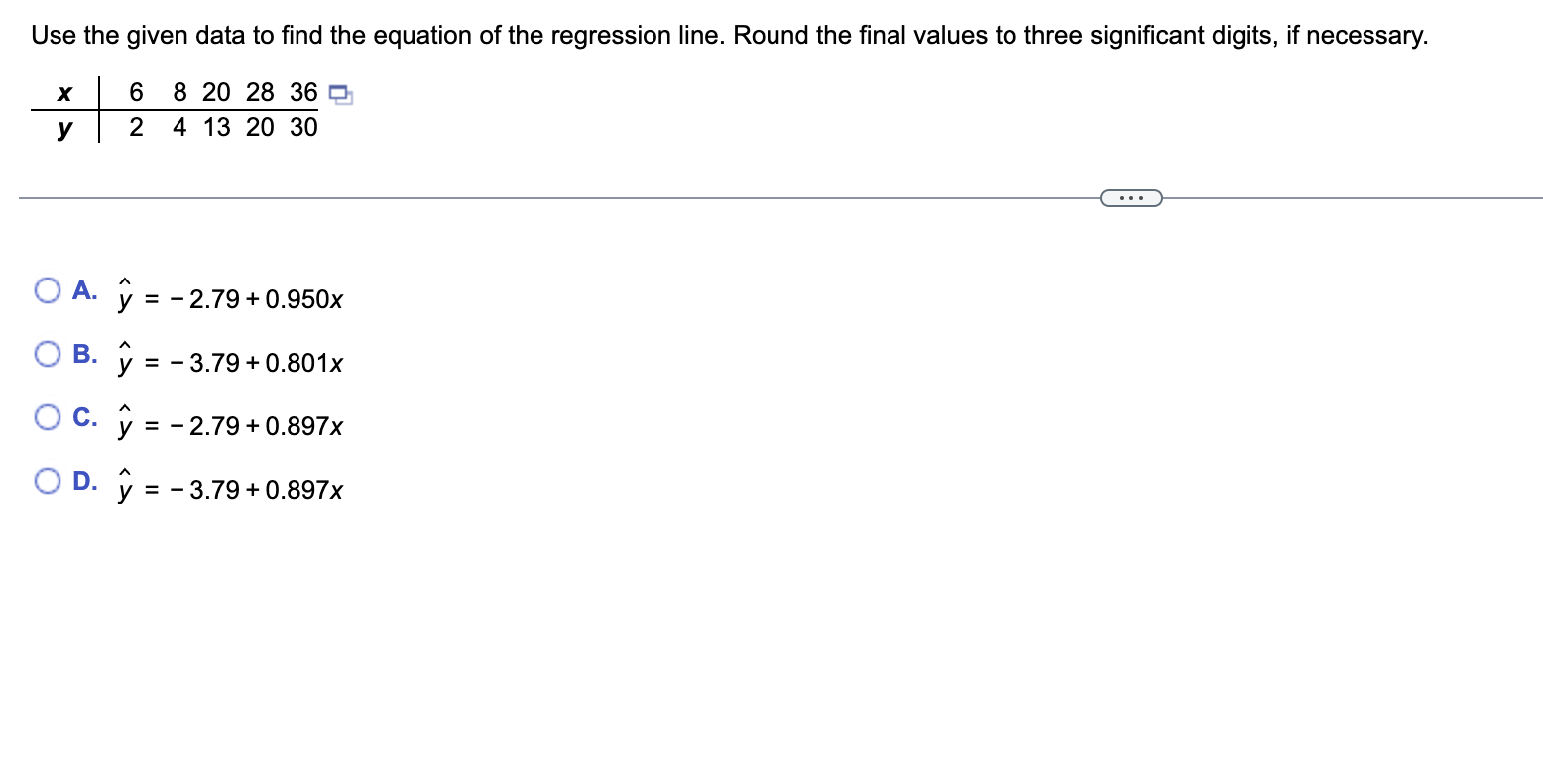 Solved y^=−2.79+0.950xy^=−3.79+0.801xy^=−2.79+0.897xy^=−3.79 | Chegg.com