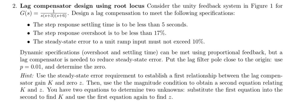 Solved 2. Lag compensator design using root locus Consider | Chegg.com