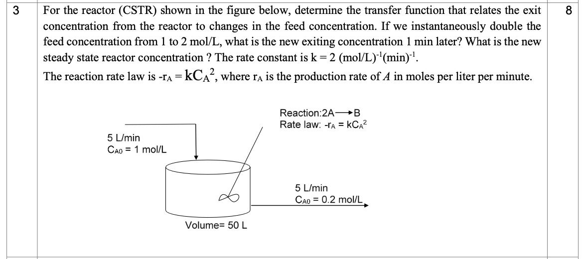 Solved For the reactor (CSTR) shown in the figure below, | Chegg.com