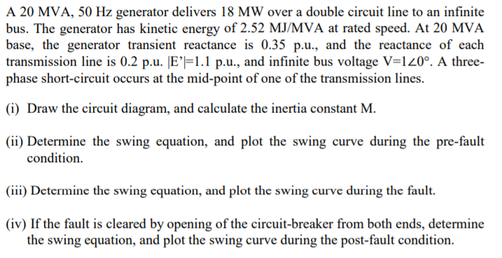Solved A 20 MVA, 50 Hz generator delivers 18 MW over a | Chegg.com