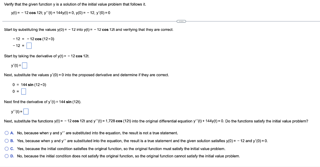 Solved Verify that the given function y is a solution of the | Chegg.com