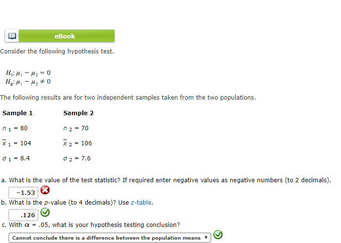 Solved eBook Consider the following hypothesis test. H:H -H2 | Chegg.com