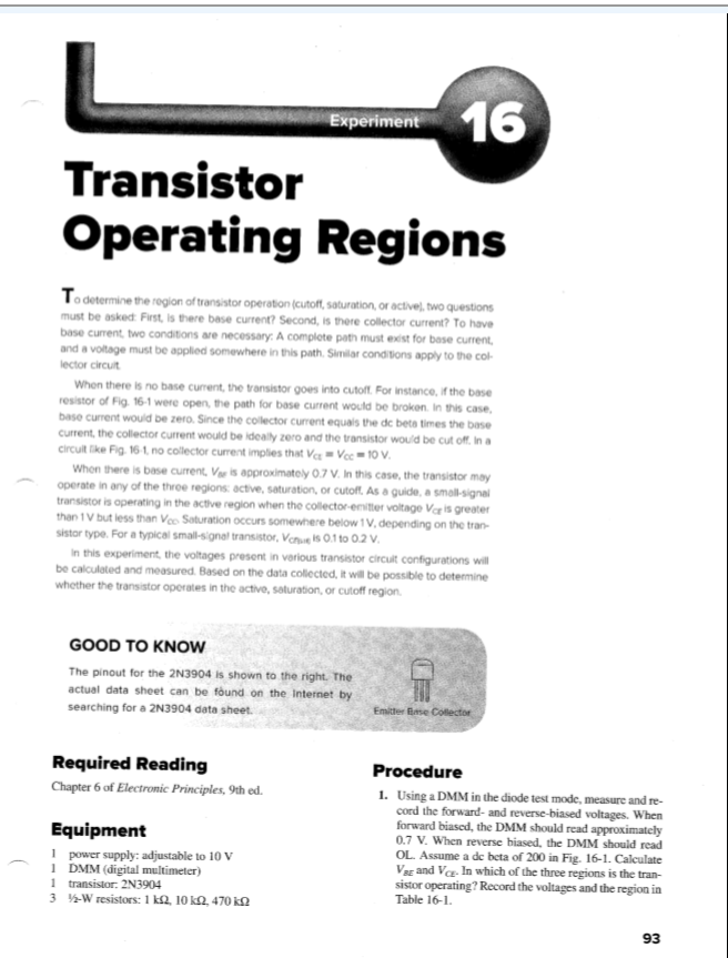Experiment 16 Transistor Operating Regions Tetermine | Chegg.com