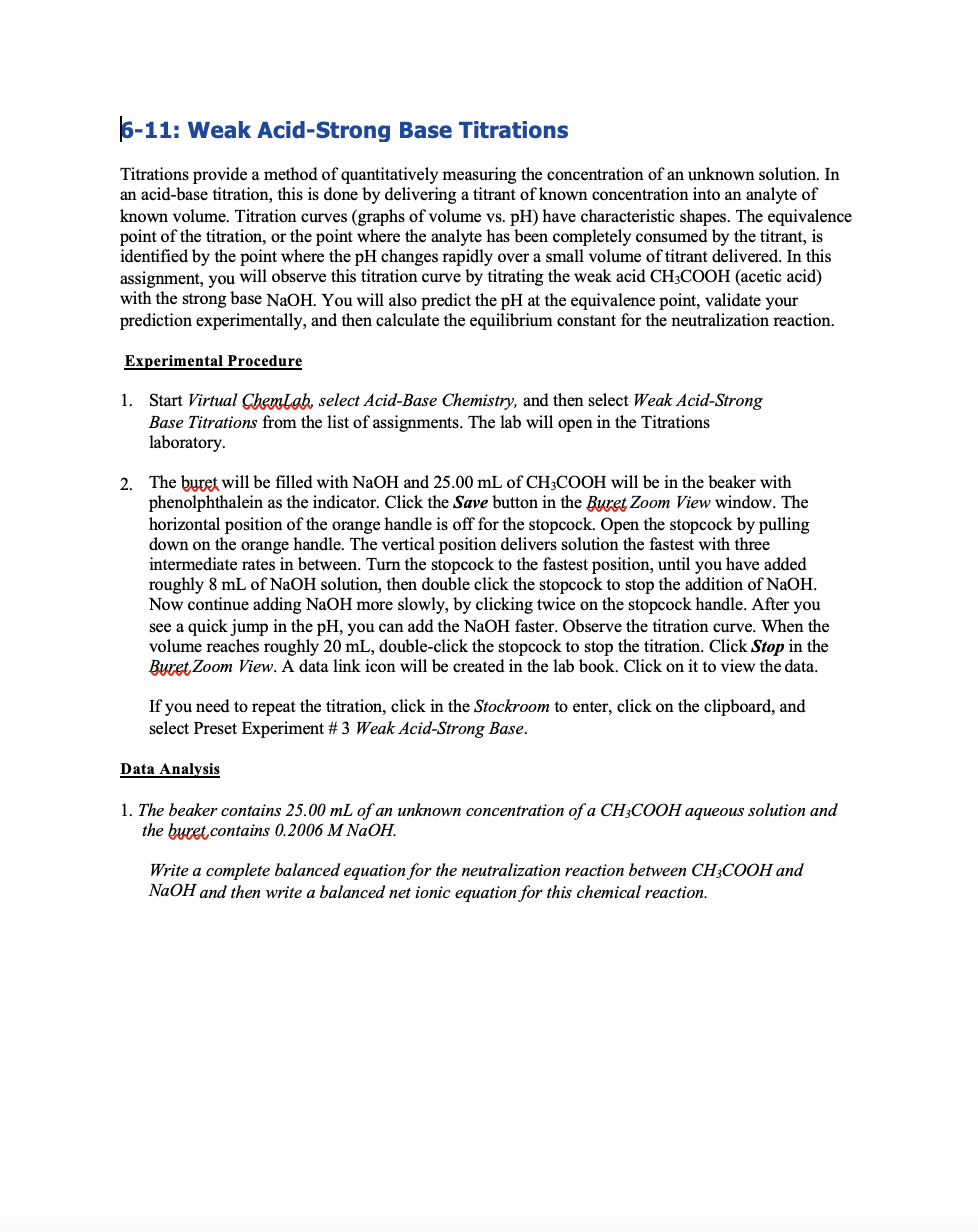 Solved 16-11: Weak Acid-Strong Base Titrations Titrations | Chegg.com
