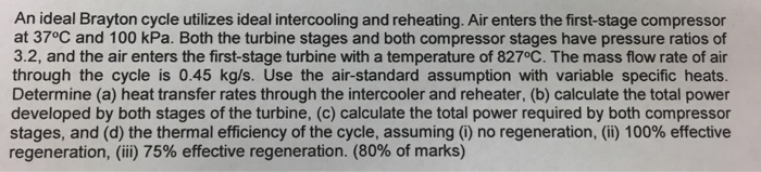 Solved An ideal Brayton cycle utilizes ideal intercooling | Chegg.com