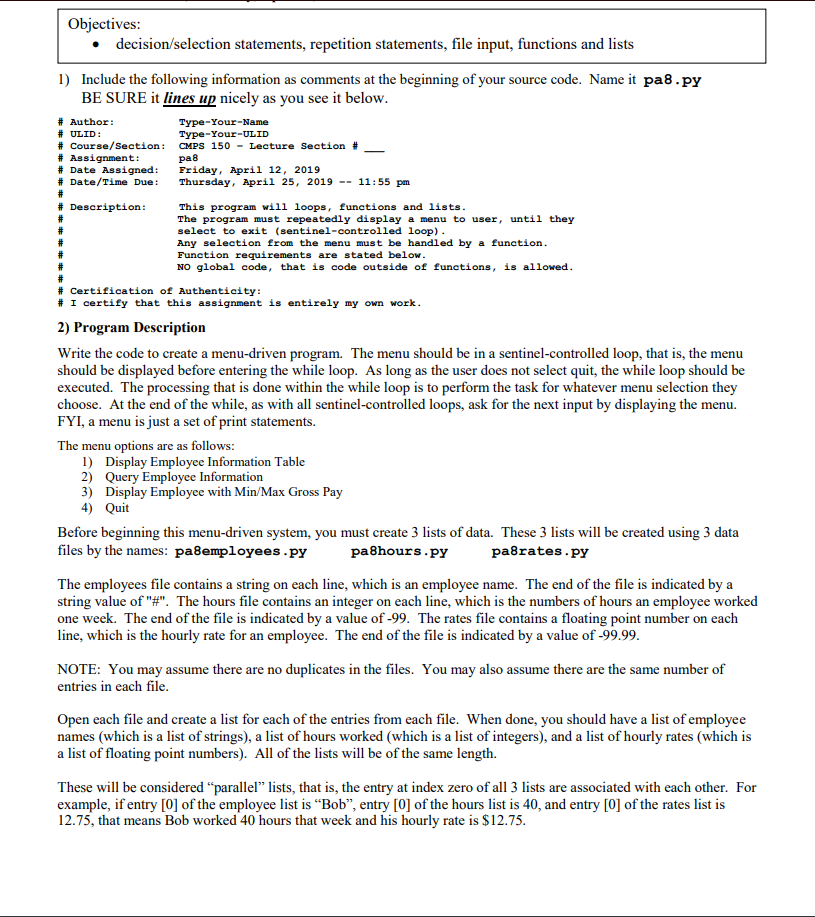 Solved Objectives decision/selection statements, repetition | Chegg.com