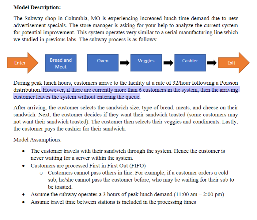 Model Description: The Subway shop in Columbia, MO is | Chegg.com