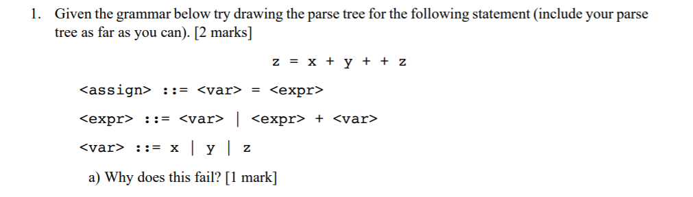 Solved 1. Given the grammar below try drawing the parse tree | Chegg.com