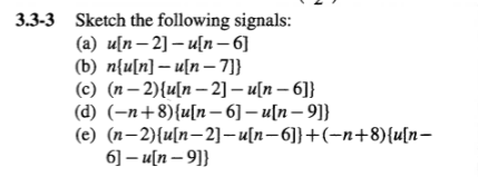 Solved 3-3 Sketch the following signals: (a) u[n−2]−u[n−6] | Chegg.com