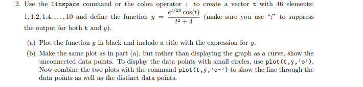 Solved 2. Use the linspace command or the colon operator : | Chegg.com