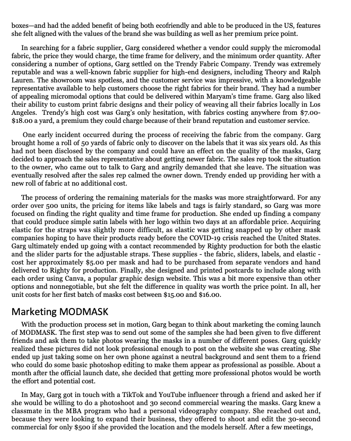 MODMASK: Starting Up in a Pandemic Bzzz. Bzzzzz. | Chegg.com