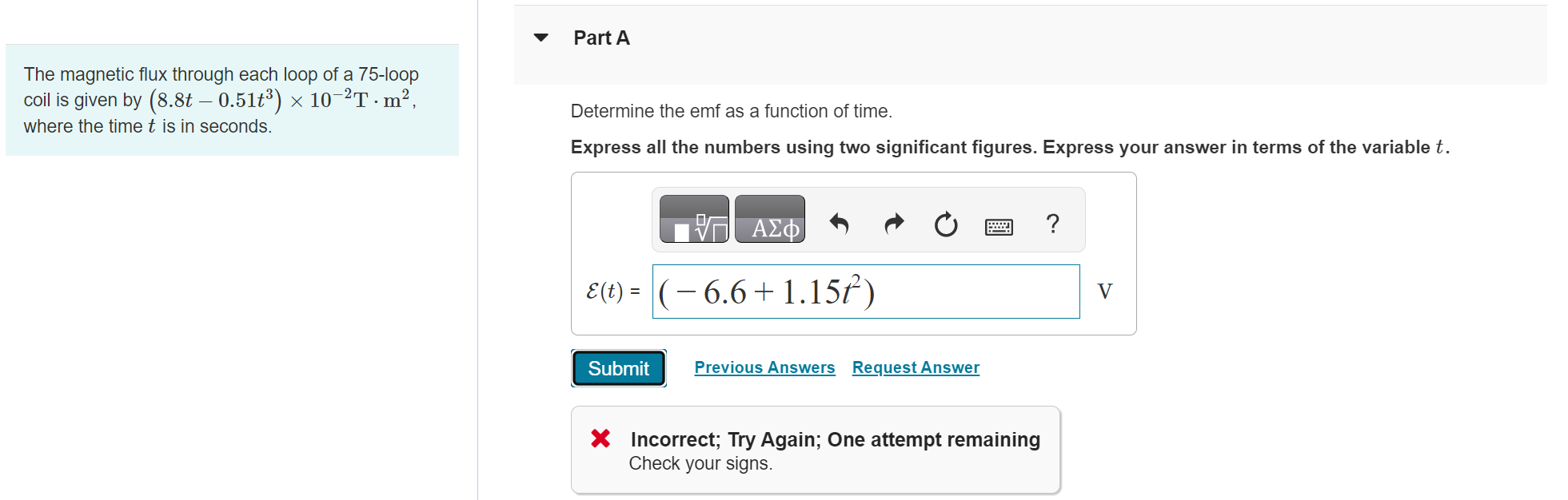 Solved The magnetic flux through each loop of a 75-loop coil | Chegg.com