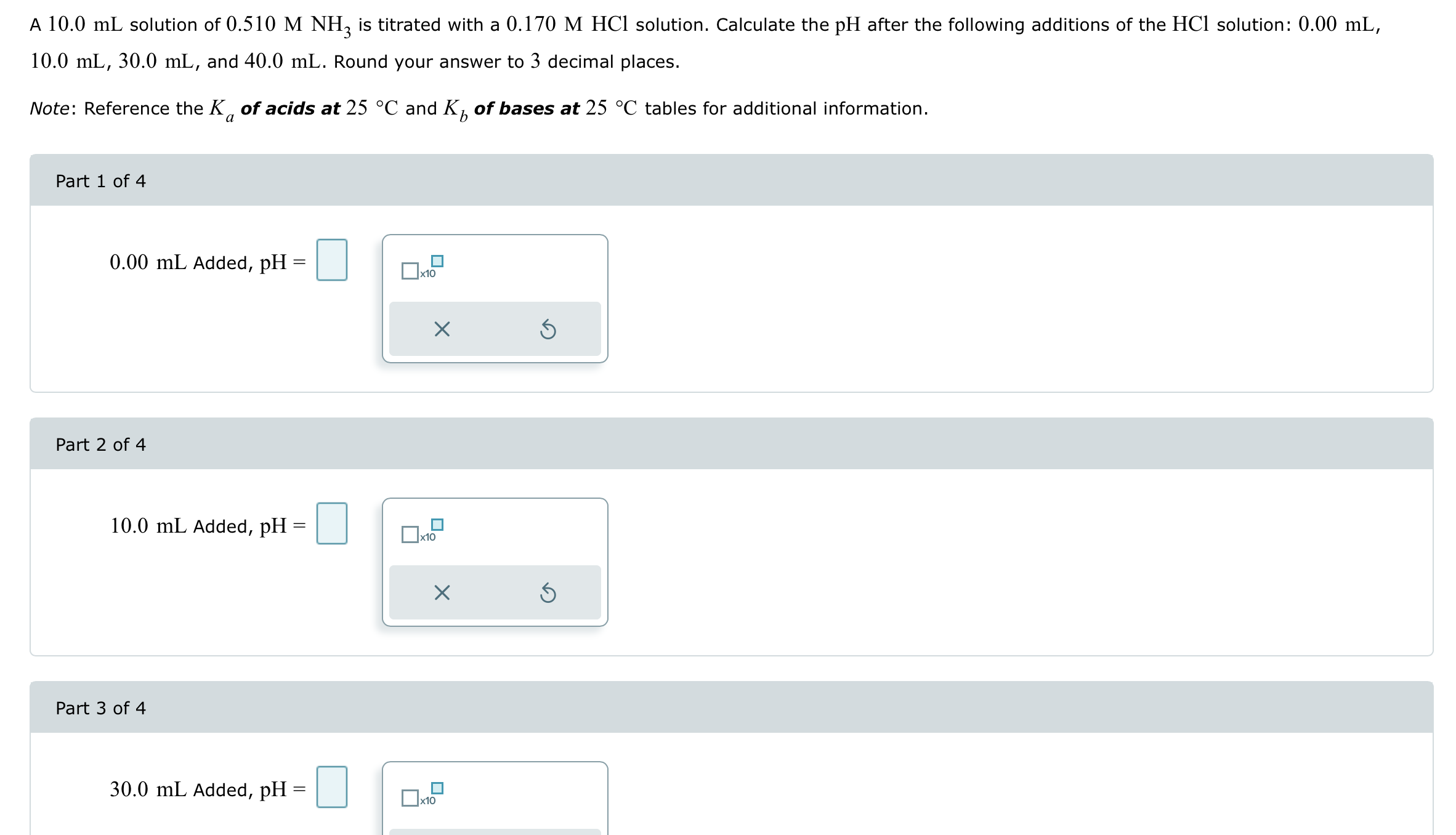 A 10.0 mL solution of 0.510MNH3 is titrated with a | Chegg.com