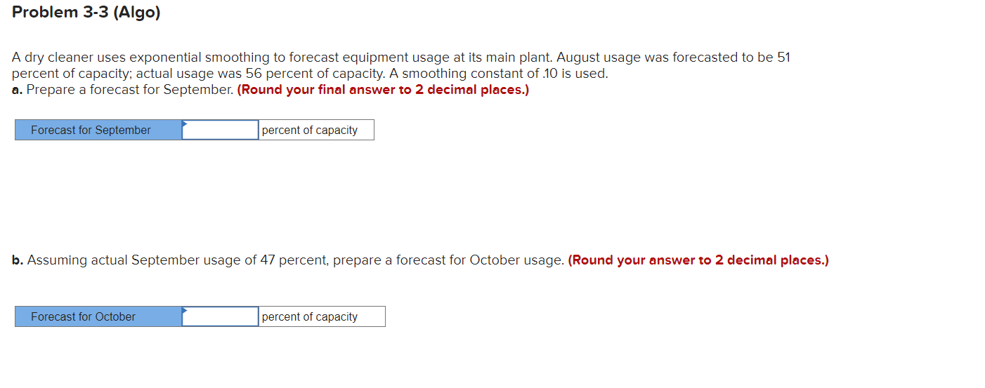 Solved A dry cleaner uses exponential smoothing to forecast | Chegg.com