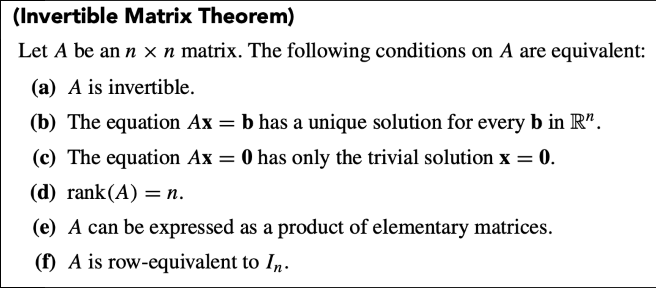 Solved Invertible Matrix Theorem Let A Be An N×n Matrix