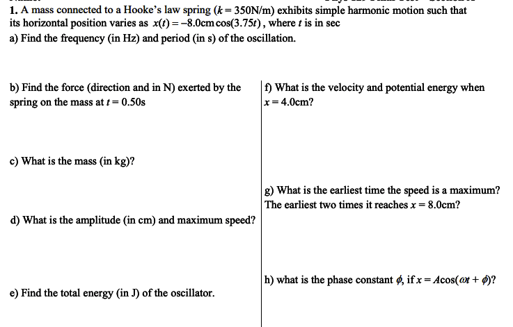 Solved 1. A mass connected to a Hooke's law spring (k = | Chegg.com