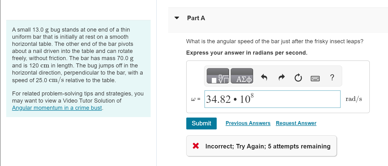 Solved Part AA small 13.0g ﻿bug stands at one end of a | Chegg.com