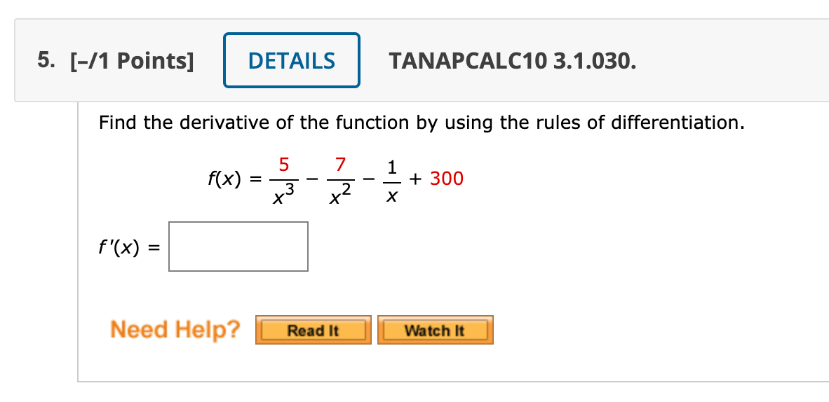 Solved 5. [-/1 Points] DETAILS TANAPCALC10 3.1.030. Find the | Chegg.com