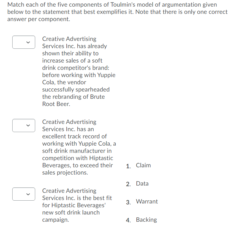 Solved Match each of the five components of Toulmin's model | Chegg.com