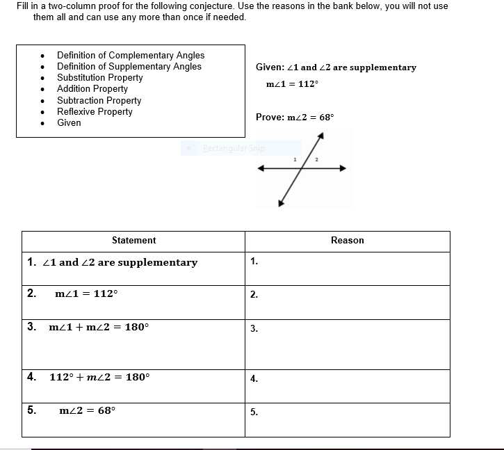 Solved Fill In A Two column Proof For The Following Chegg