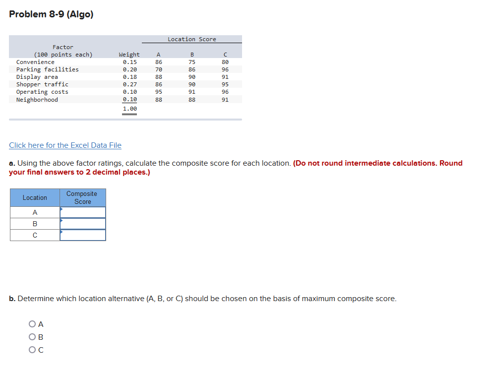 Solved Problem 8-9 (Algo) Click here for the Excel Data File | Chegg.com
