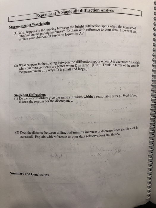 Solved Experiment 7: Single slit diffraction Analysis | Chegg.com