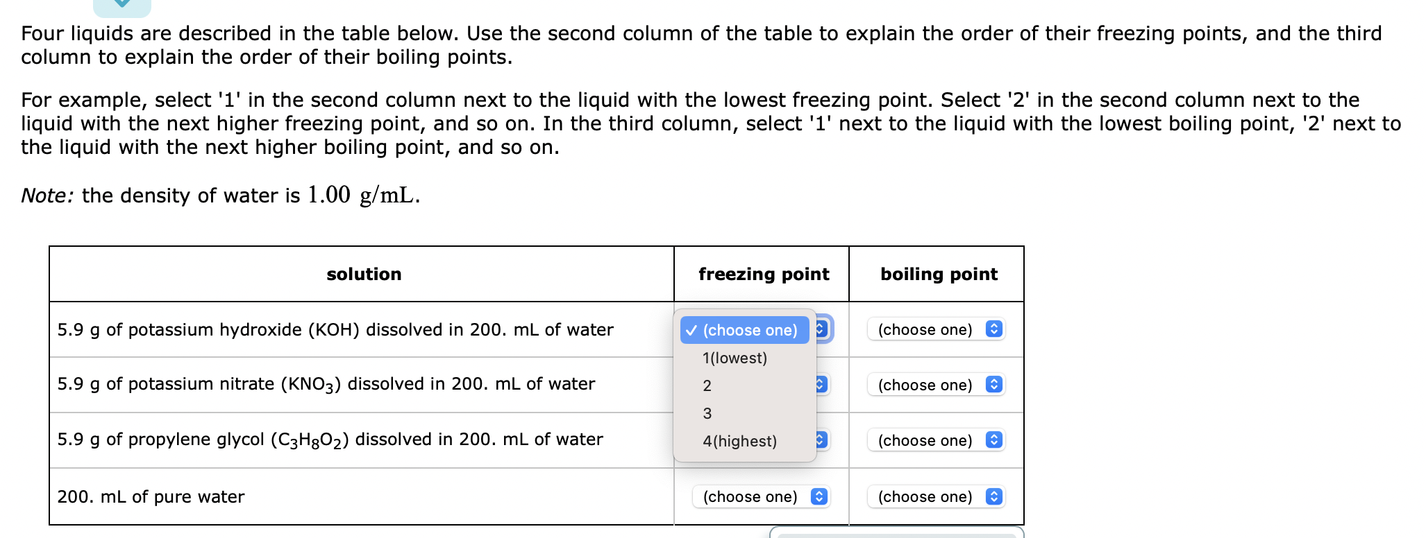 Solved \begin{tabular}{|l|l|} \hline freezing point & | Chegg.com