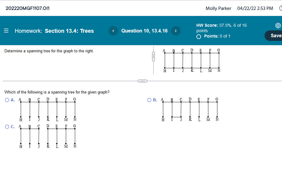 Solved 202220MGF1107.011 Molly Parker 04/22/22 2:53 PM = | Chegg.com