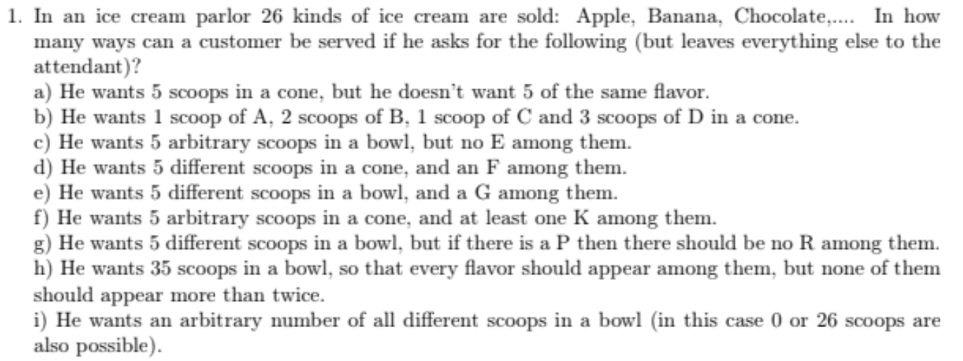 Solved 1. In an ice cream parlor 26 kinds of ice cream are | Chegg.com