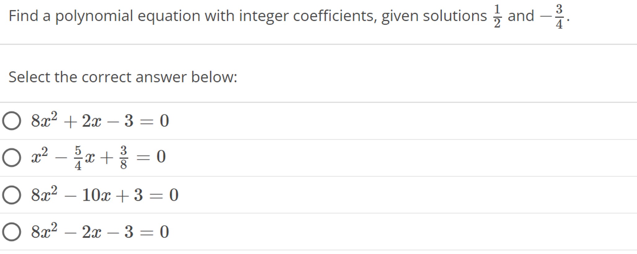 Solved Find a polynomial equation with integer coefficients, | Chegg.com