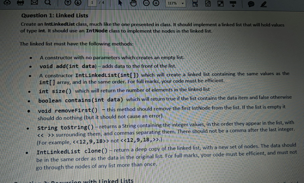 Solved 117% Question 1: Linked Lists Create an IntLinkedList | Chegg.com