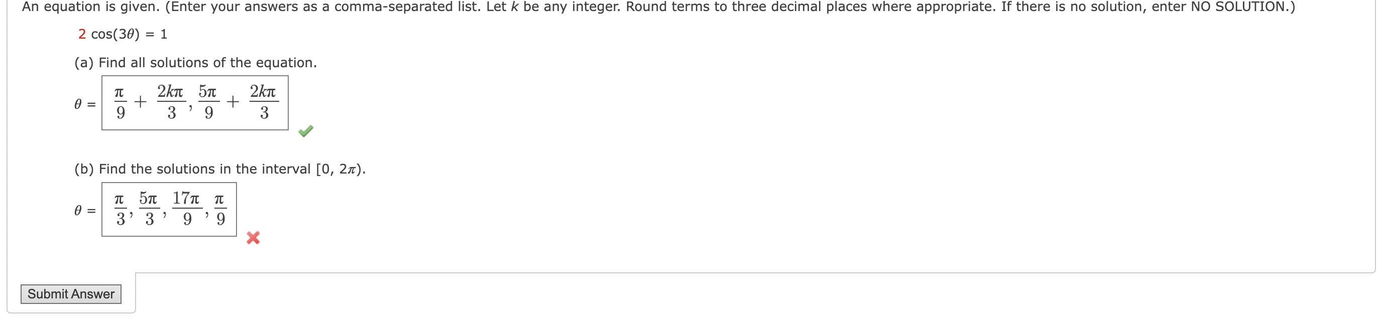 Solved 2cos(3θ)=1 (a) Find all solutions of the equation. | Chegg.com