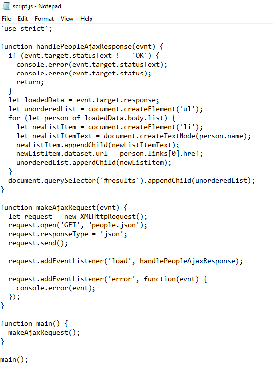 Solved In the lesson, we investigate making an AJAX request | Chegg.com