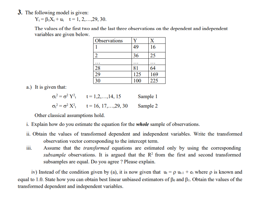 Solved 3. The following model is given: Y = B,X, +u t= 1, | Chegg.com